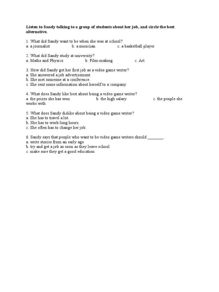 Focus 2 - Unit 6 Listening 2 Sandy and Her Job Listening | PDF