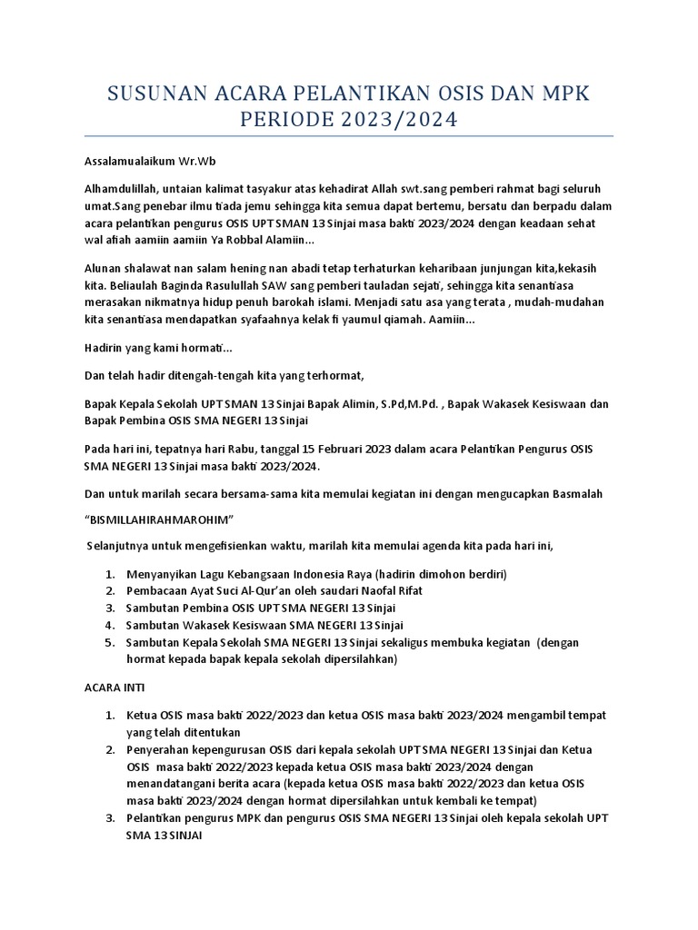 Susunan - Acara - Pelantikan - Osis - Dan - MPK 2 | PDF