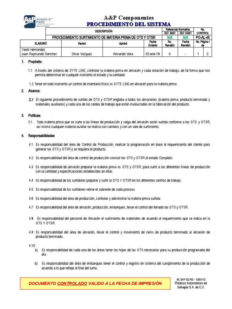 PO-AL-45 Procedimiento Surtimiento de Materia Prima de OTS Y OTSR | PDF