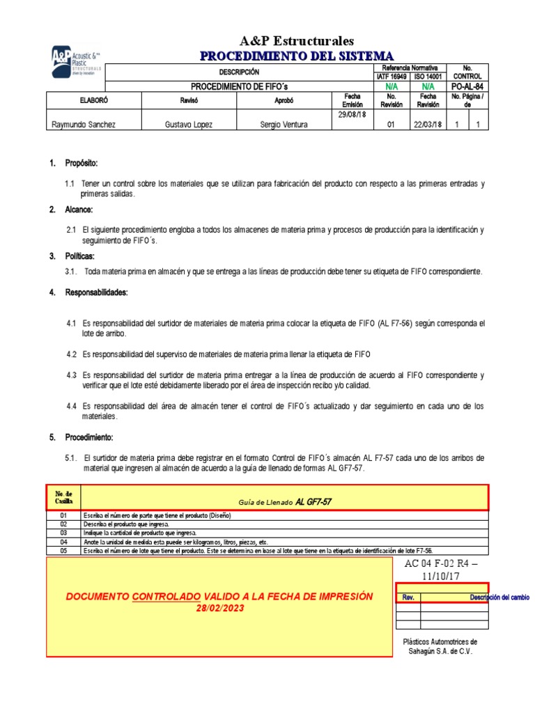 PO-AL-84 Procedimiento de FIFOs - 01 | PDF
