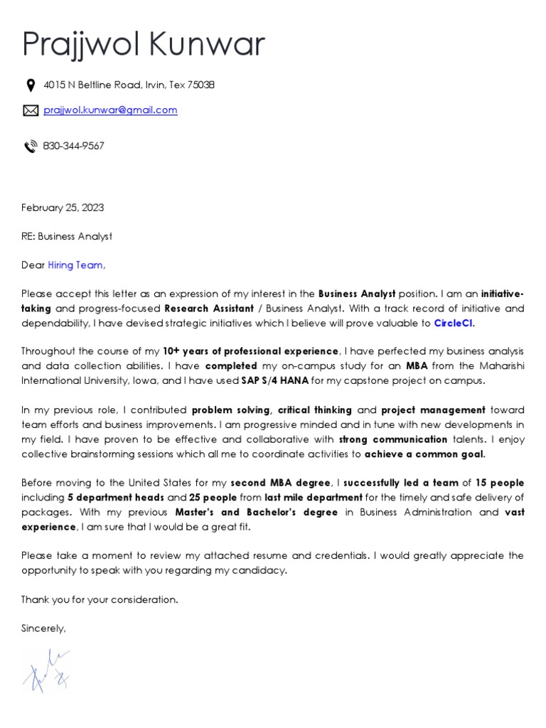 Prajjwol - Kunwar - Cover Letter | PDF