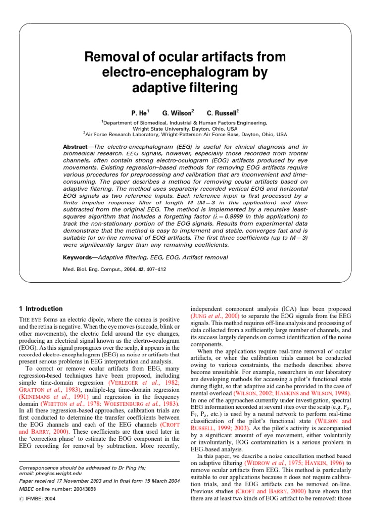 Removal of Ocular Artifacts From Electro-Encephalogram by Adaptive Filtering | PDF ...