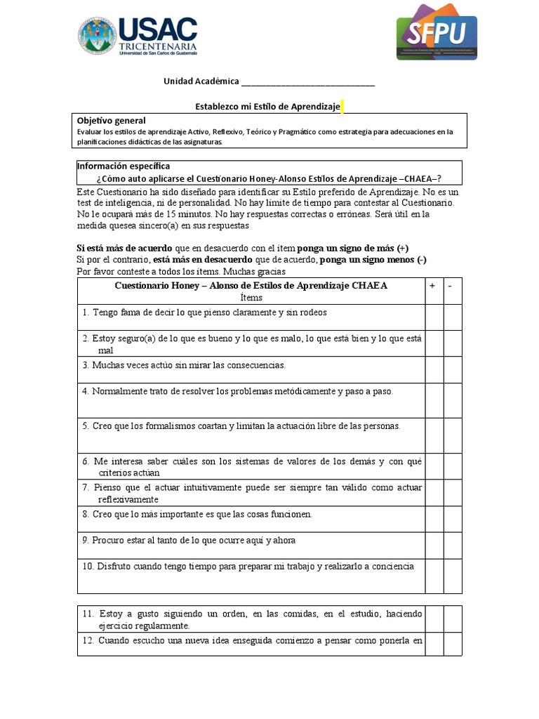 5 Cuestionario CHAEA Estilos de Aprendizaje Honey - Alonso | PDF ...