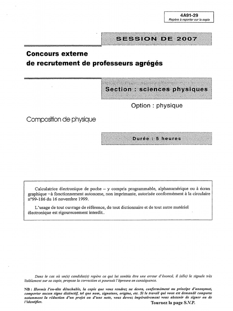 Agreg Ext Physique 2007 A Enonce | PDF