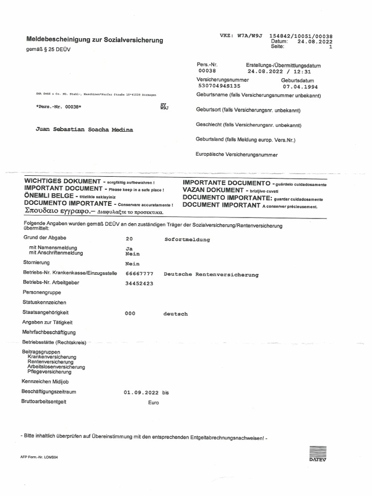 Meldebescheinigung Soztialversicherung 2 | PDF