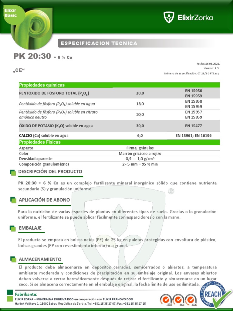 Ficha Técnica PK 20 30 + 6ca | PDF | Fertilizante | Elementos químicos