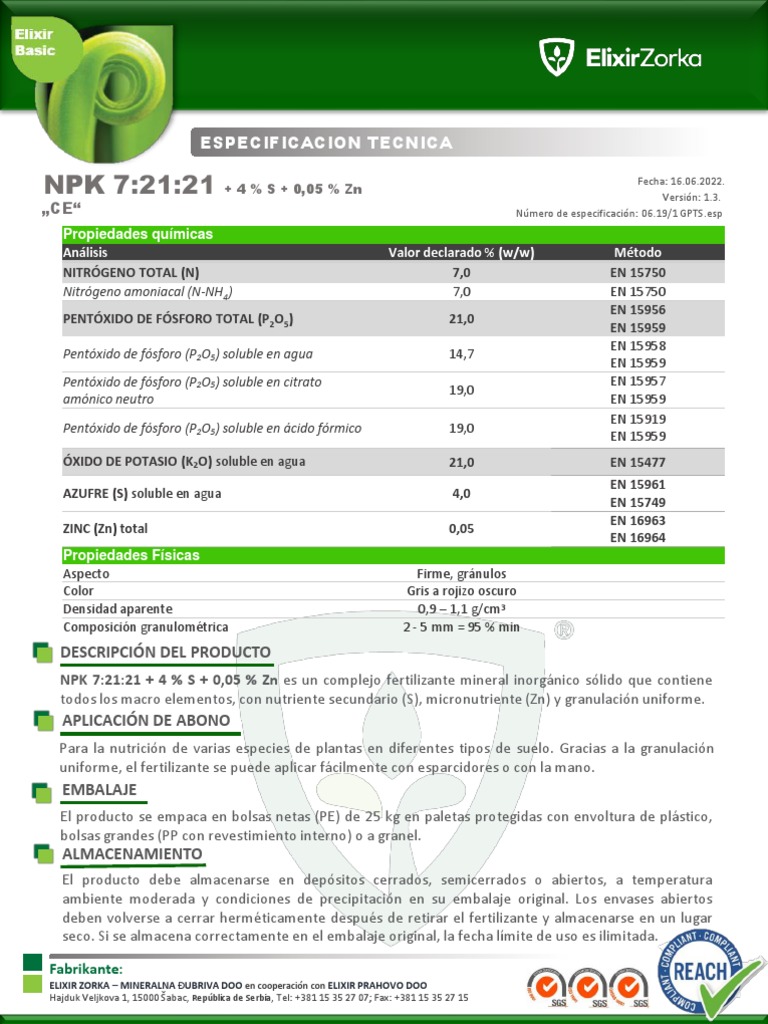 Ficha Técnica NPK 7 21 21+4S+0.05Zn | PDF | Fertilizante | Elementos químicos