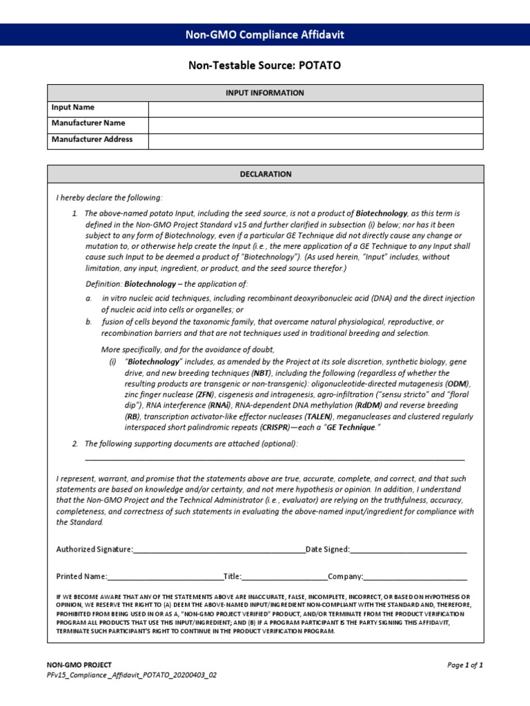 Non-Gmo Compliance Affidavit - Non-Testable Source - Potato | PDF ... Non-Gmo Compliance Affidavit - Non-Testable Source - Potato | PDF ...