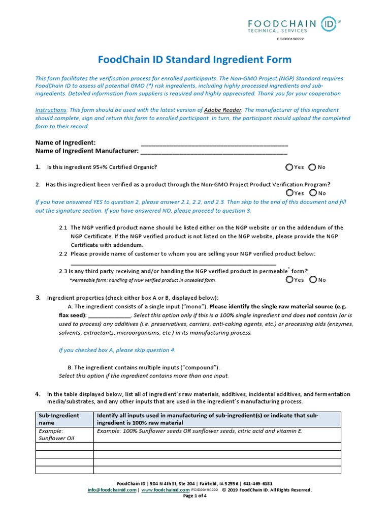 FC20190222 FCID Standard Ingredient Form (SIF) | PDF | Chemistry ...
