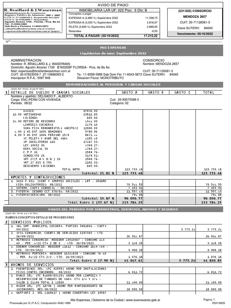 Mis Expensas Liquidacion de Mes: Septiembre 2022: Inmobiliaria Lar Uf: 022 Piso: 6 Dto: B | PDF ...