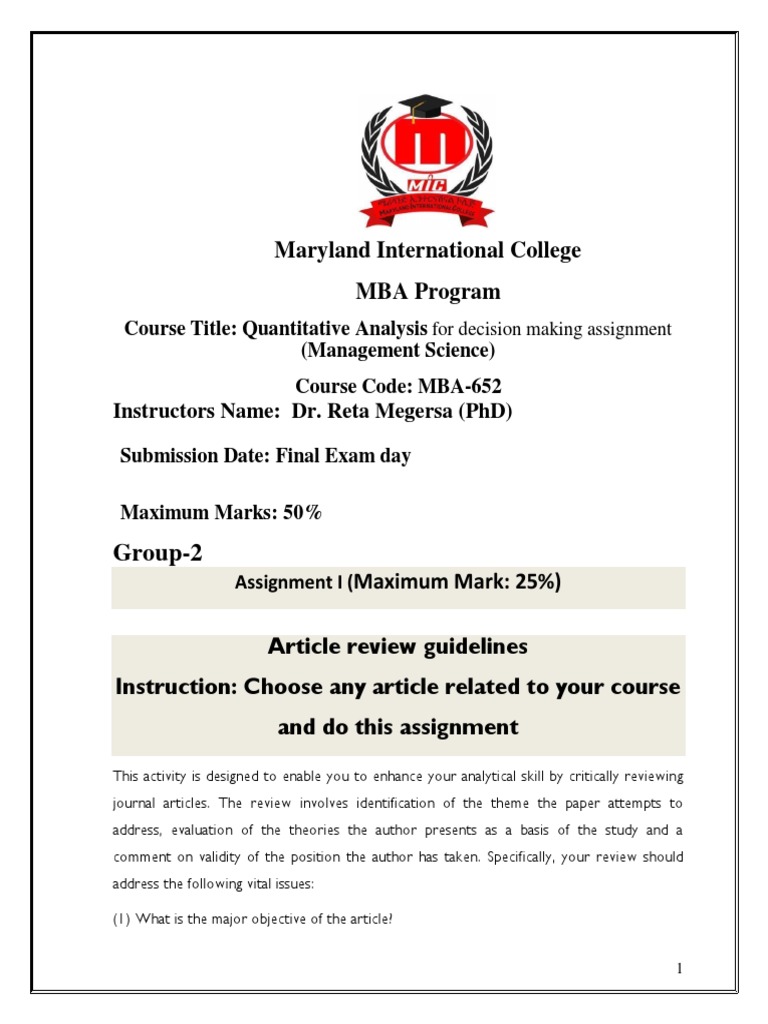 MBA Quantitative Analysis Assignment Guide | PDF | Business