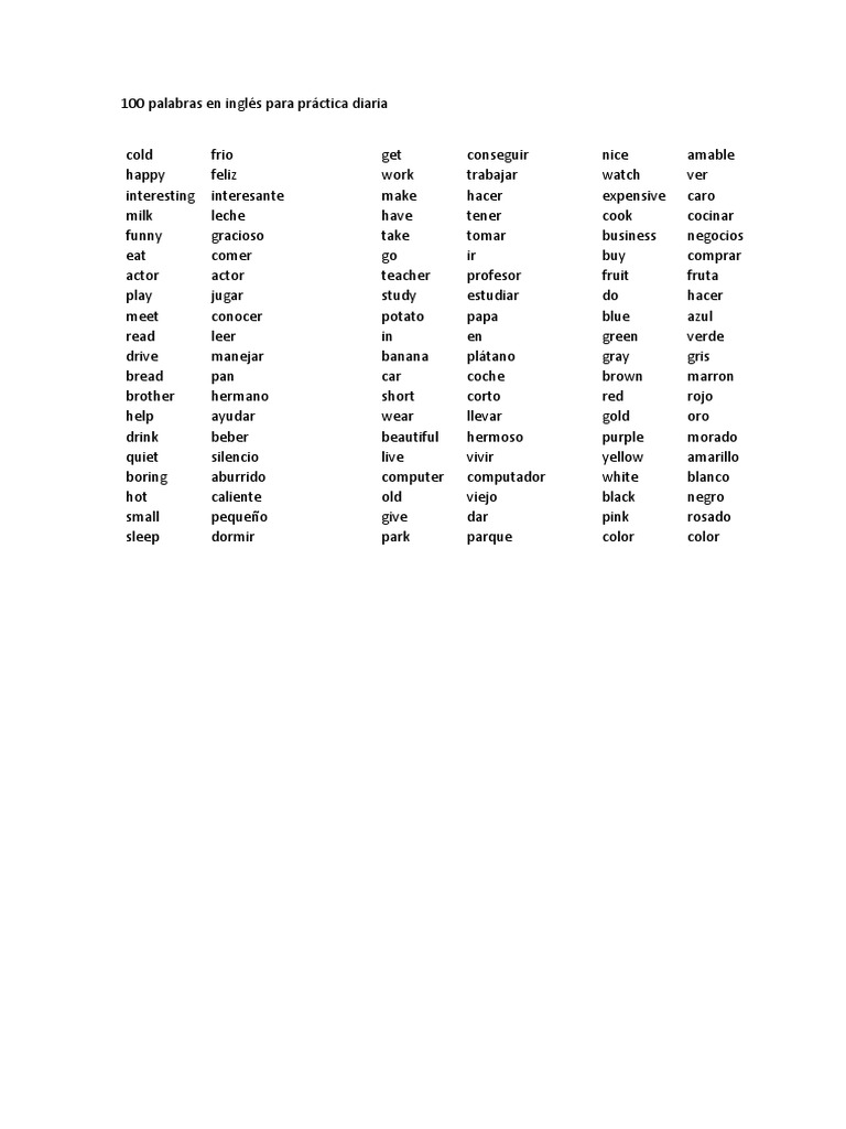 100 Palabras en Inglés para Práctica Diaria | PDF