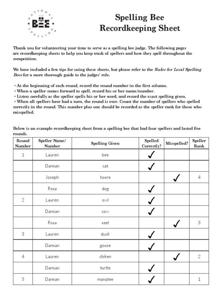Spelling Bee Recordkeeping Sheet | PDF