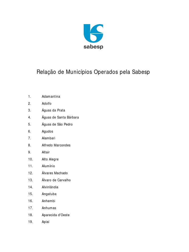 Relação de Municípios Atendidos Pela Sabesp | PDF | Brasil | São Paulo