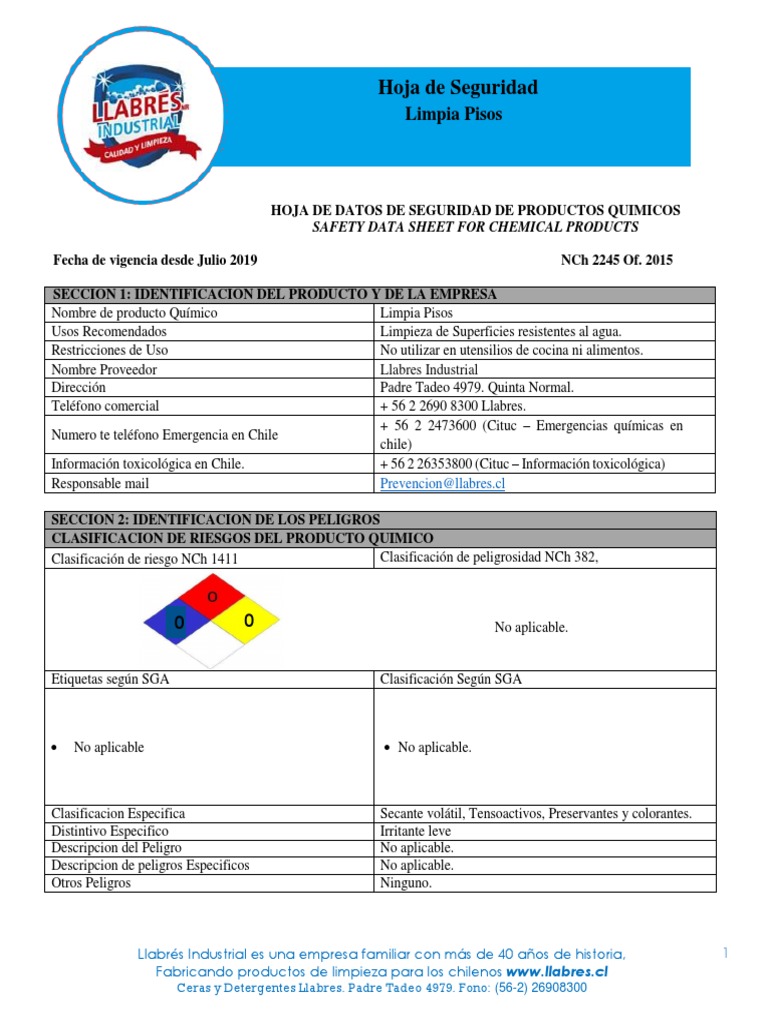 Hoja de Seguridad Limpia Pisos | PDF | Agua | Solubilidad