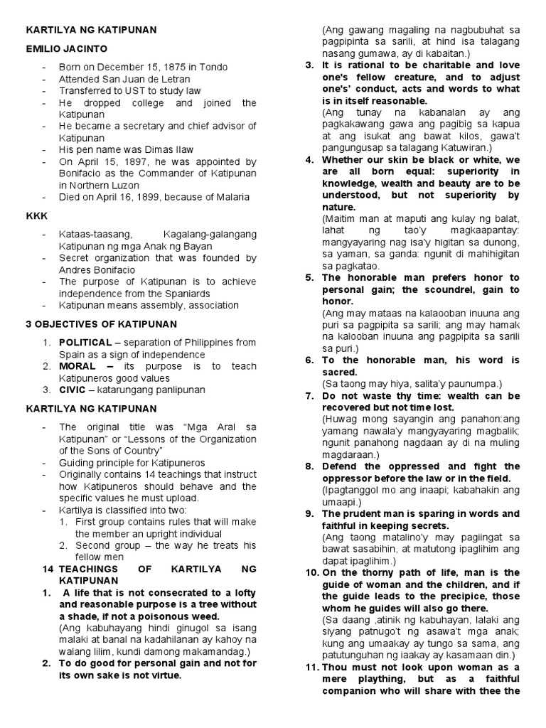 14 Teachings of Kartilya ng Katipunan | PDF | Philippines