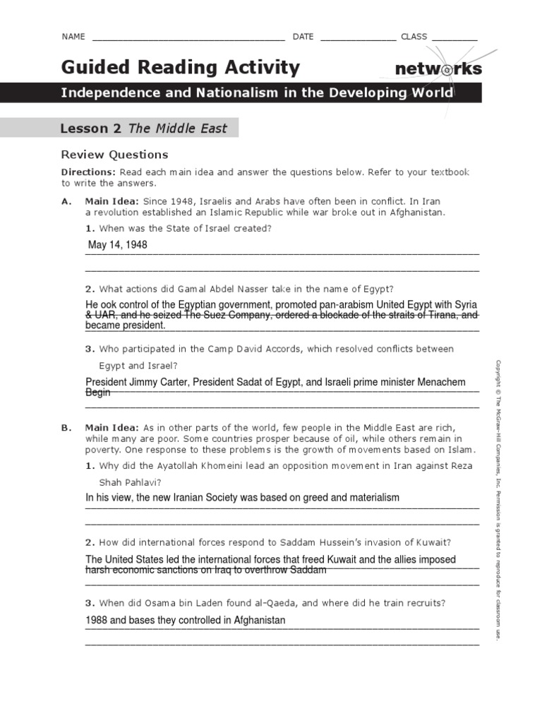 Netw Rks Guided Reading Activity: Independence and Nationalism in The ...