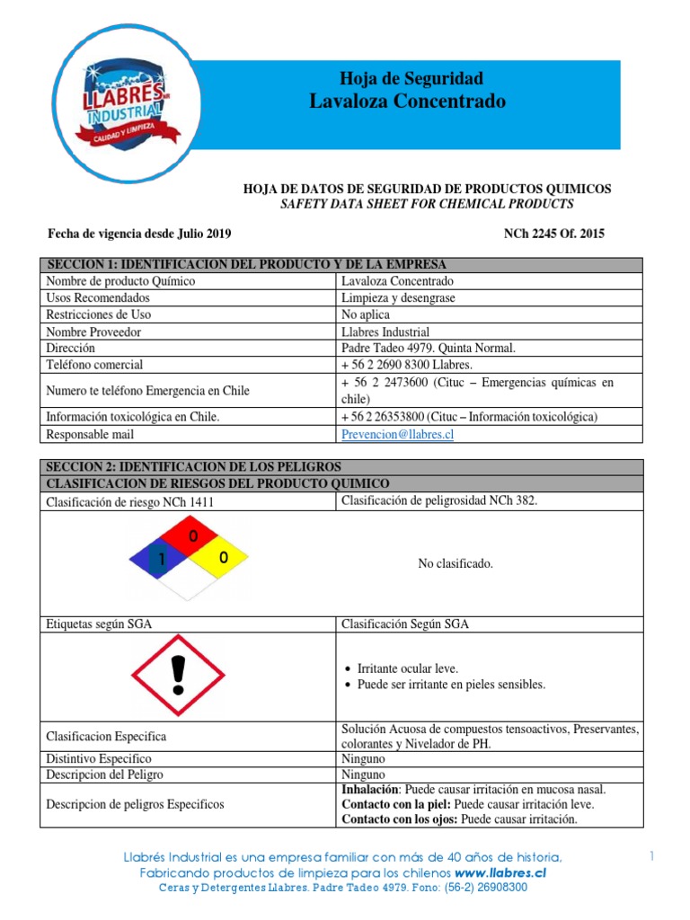 Hoja de Seguridad Lavaloza Concentrado | PDF | Agua | Residuos