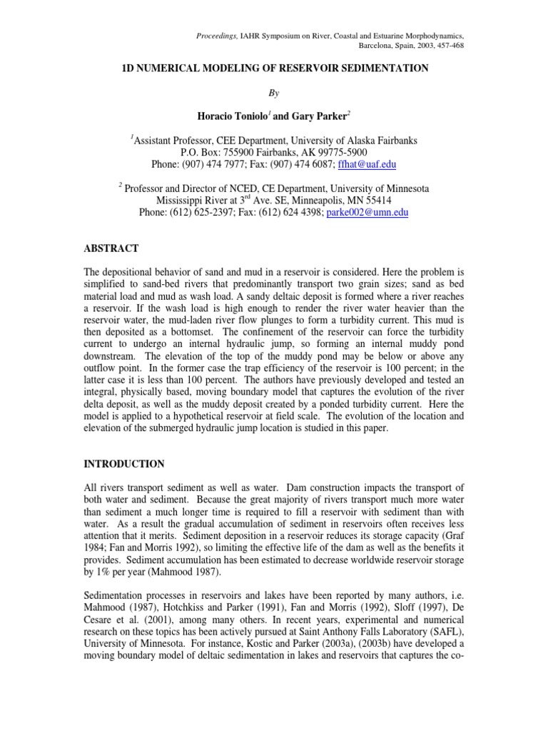 1D Numerical Modeling of Reservoir Sedimentation - Toniolo, Parker - 2003 | PDF | River | River ...