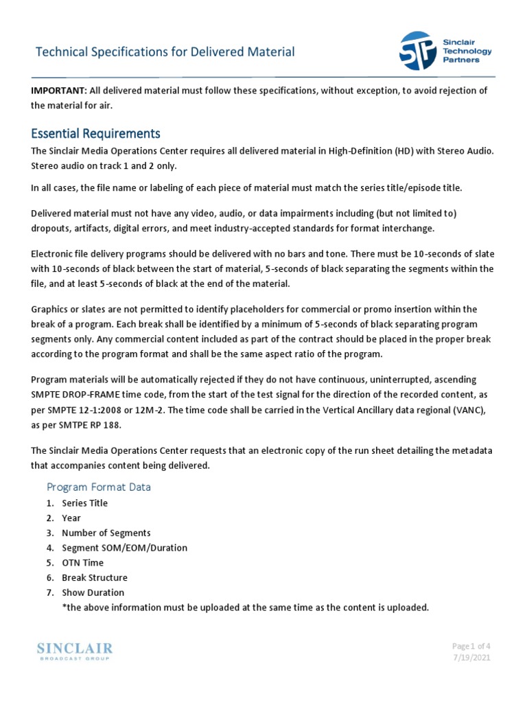 Sinclair Media Operations Center Technical Specifications | PDF | High ...