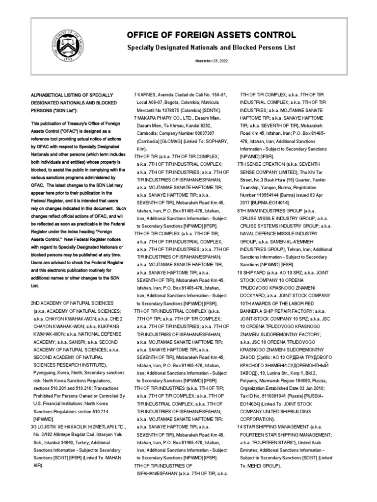OFAC SDN List Update Nov 2022 | PDF | Office Of Foreign Assets Control