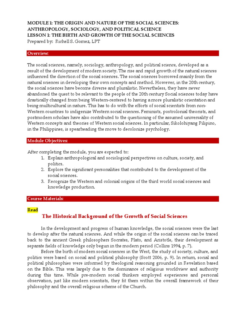 Lesson 1. The Birth and Growth of Social Sciences | PDF | Sociology ...