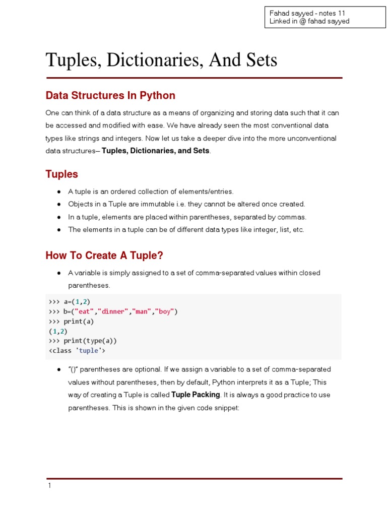 Python Notes 11 Dictionary Tuples and Sets 1664121924 | PDF | Parameter ...