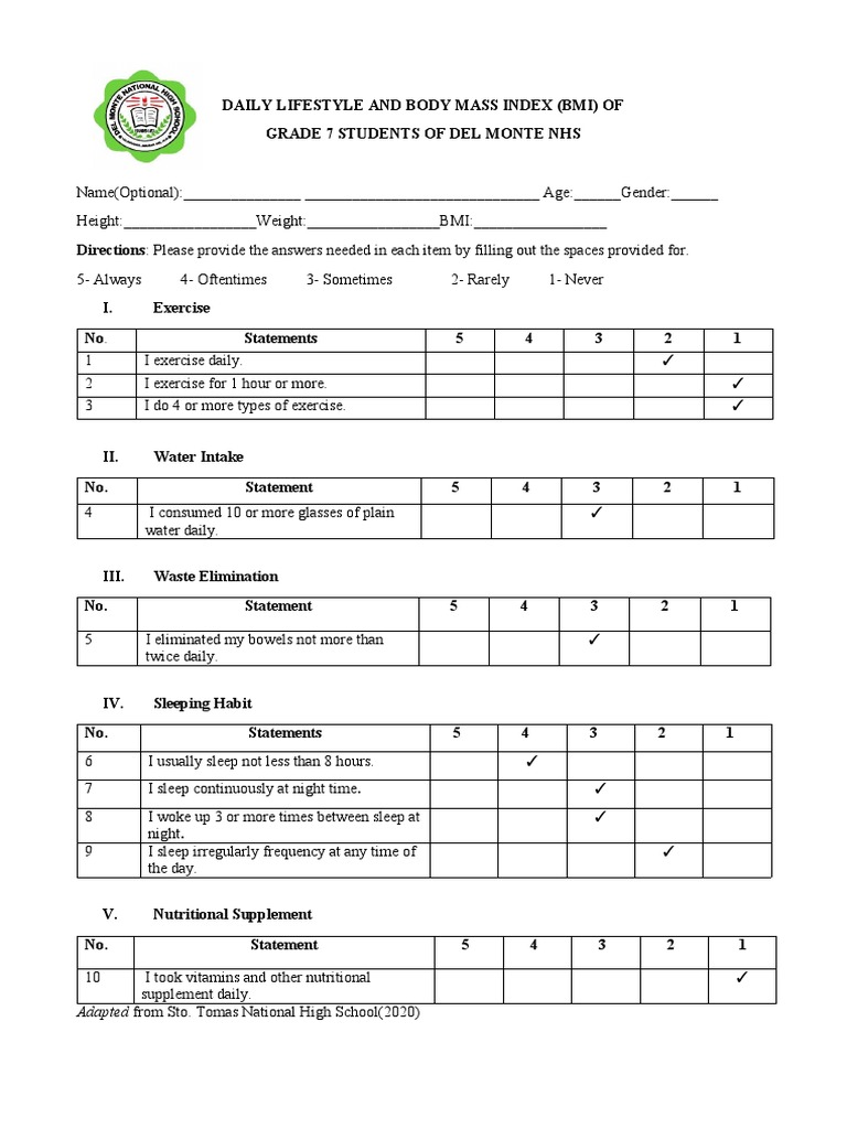 Research Questionnaire For Daily Lifestyle and BMI | PDF