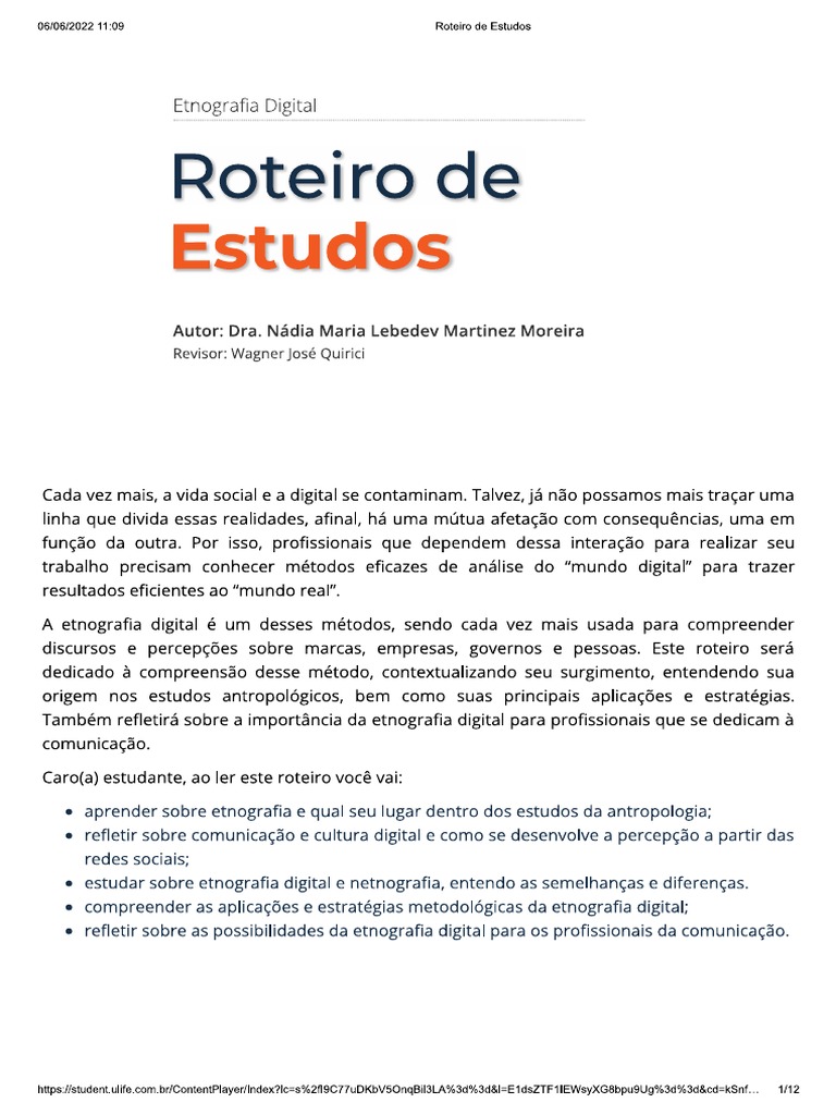 Etnografia Digital Roteiro de Estudo | PDF