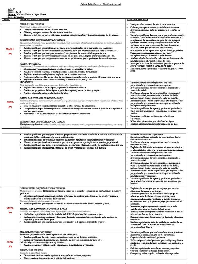 Planificacion Anual Matematica 5 Pdf División Matemáticas 7626