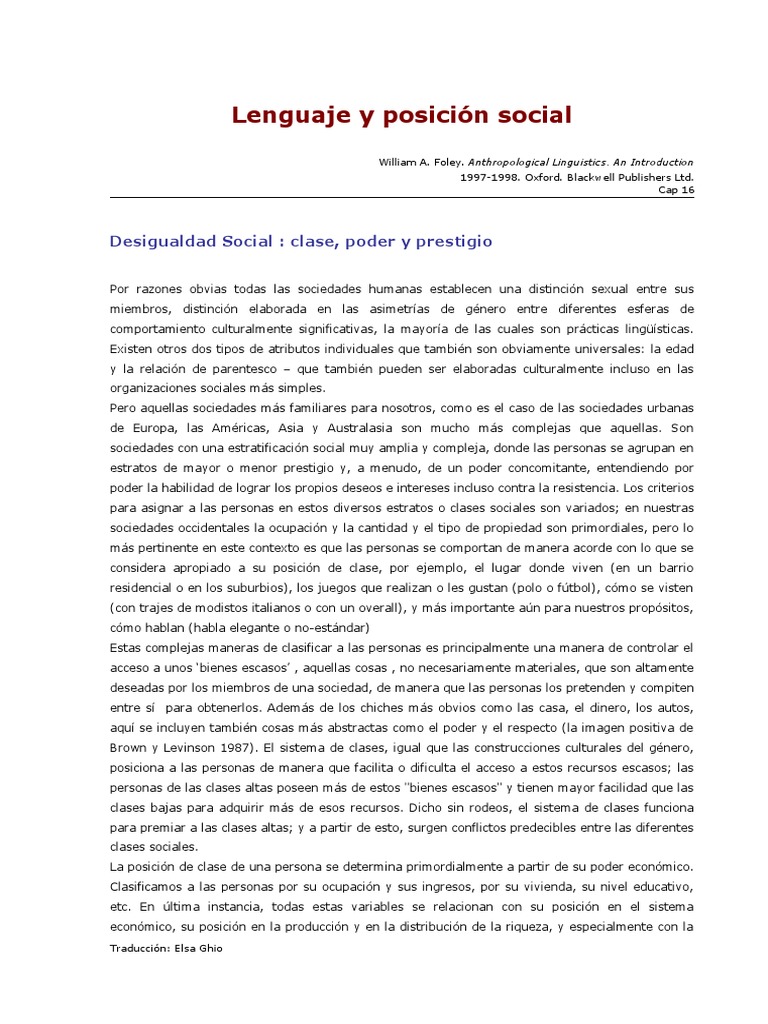 Lenguaje y Posición Social - Foley | PDF | Estatus social | Sociedad