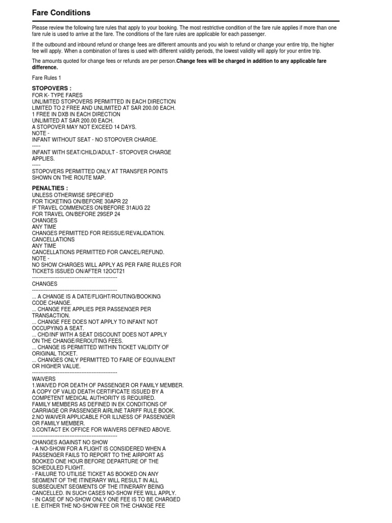 Emirates Fare Conditions | PDF | Fee | Fare