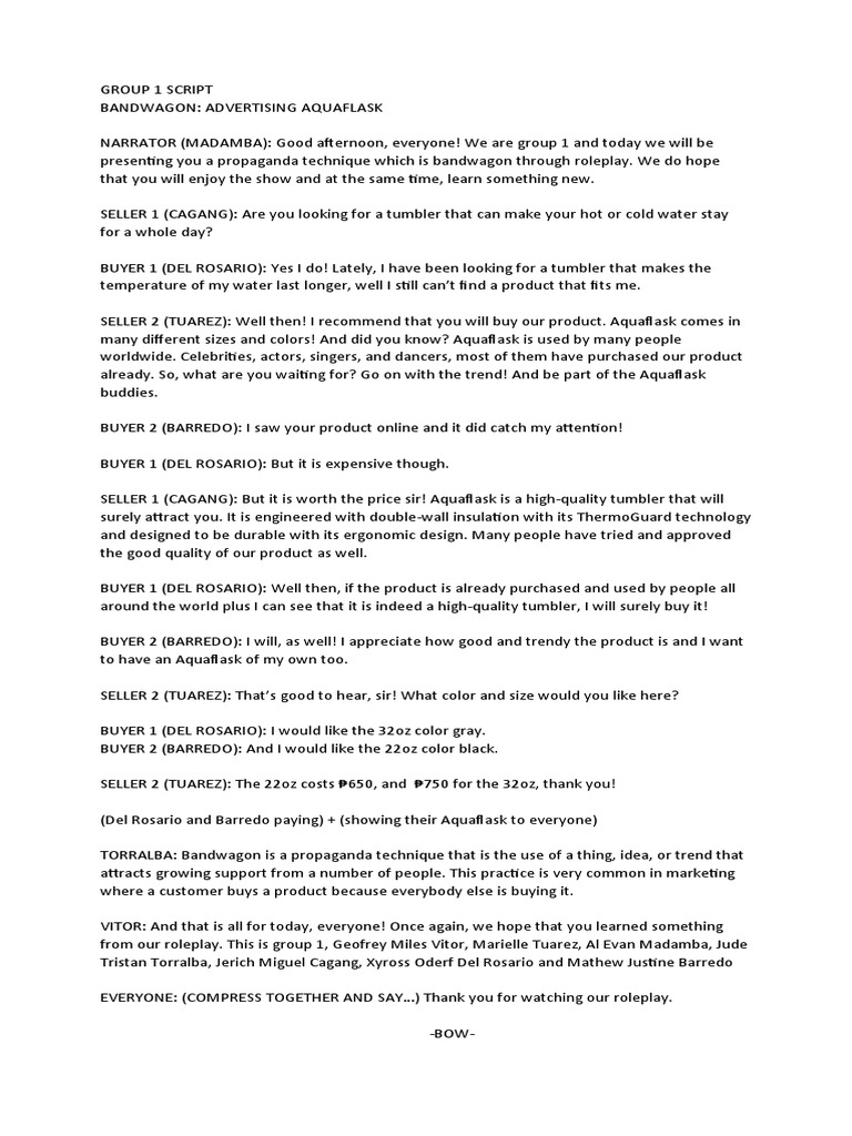 Bandwagon Roleplay Script G1 | PDF | Business Economics | Business