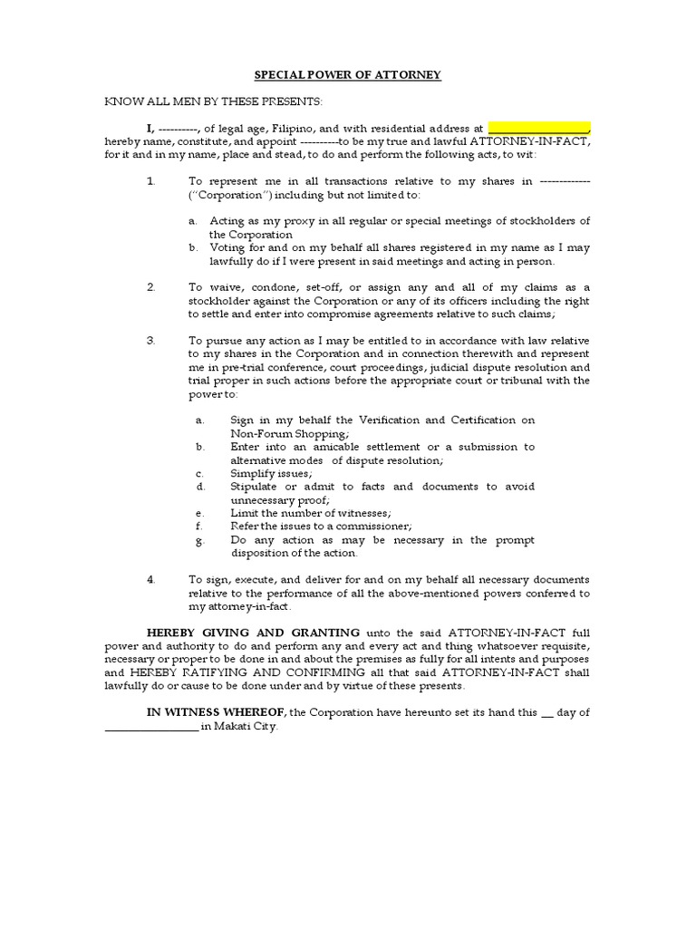 SPA Sample Pre-Trial | PDF | Power Of Attorney | Political Law