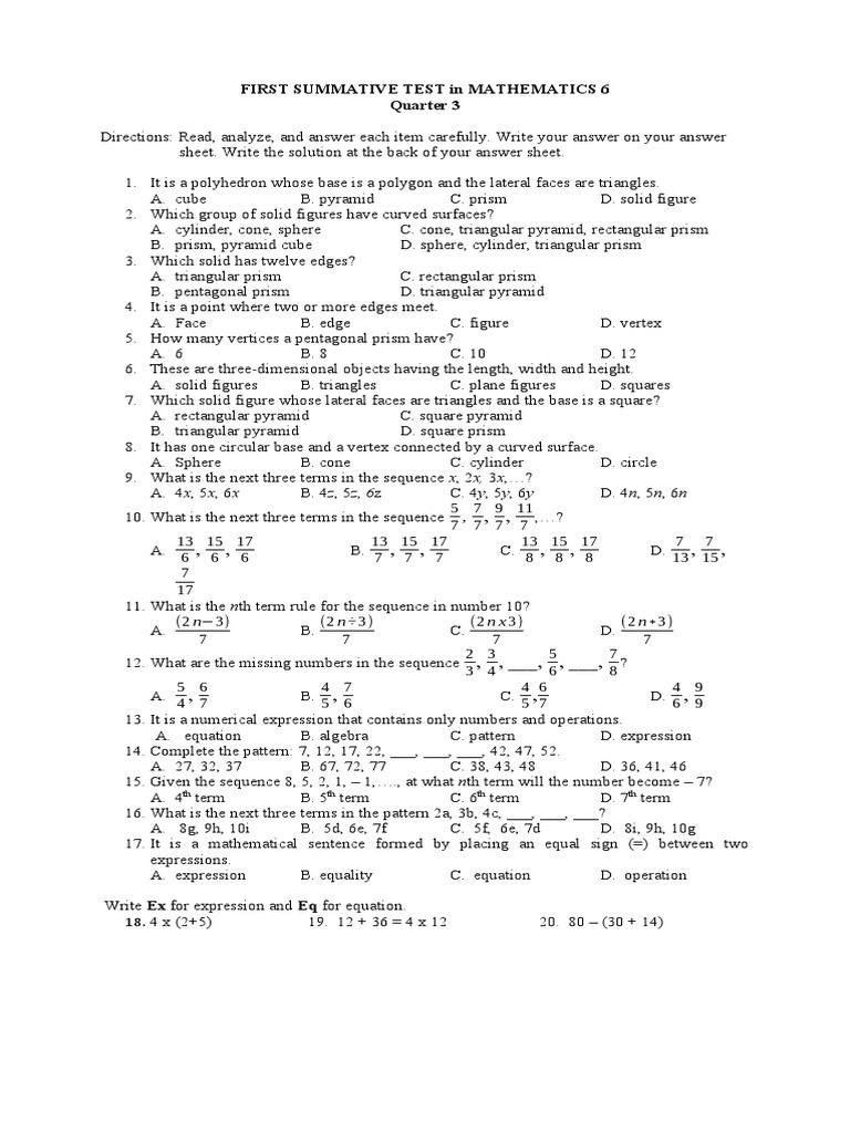 1st Summative Test in Mathe | PDF | Triangle | Tetrahedron