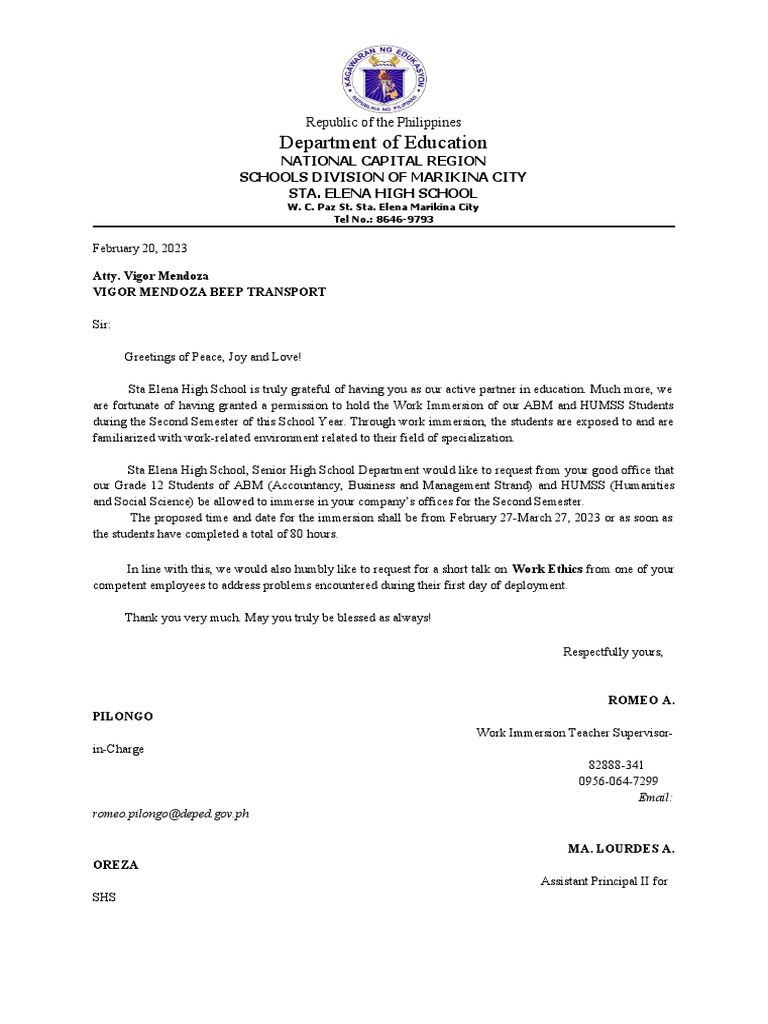 Sample Letter WORK IMMERSION | PDF | Leadership | Business