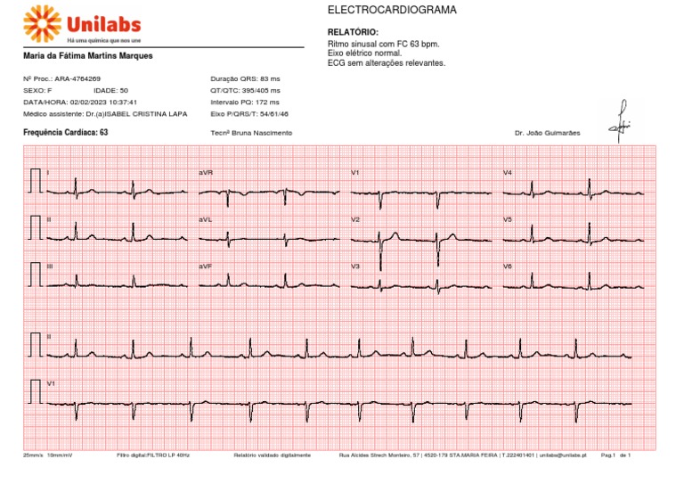 Relatório:: Ritmo Sinusal Com FC 63 Bpm. Eixo Elétrico Normal. ECG Sem ...