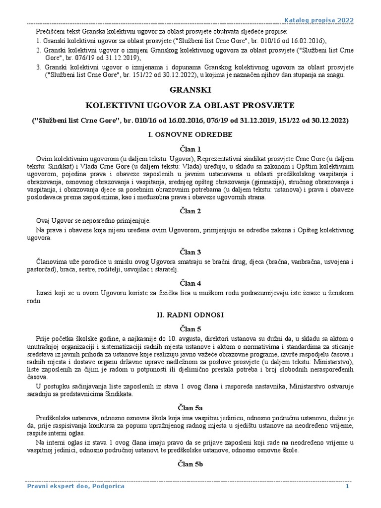 1673866560-Granski Kolektivni Ugovor Za Oblast Prosvjete | PDF