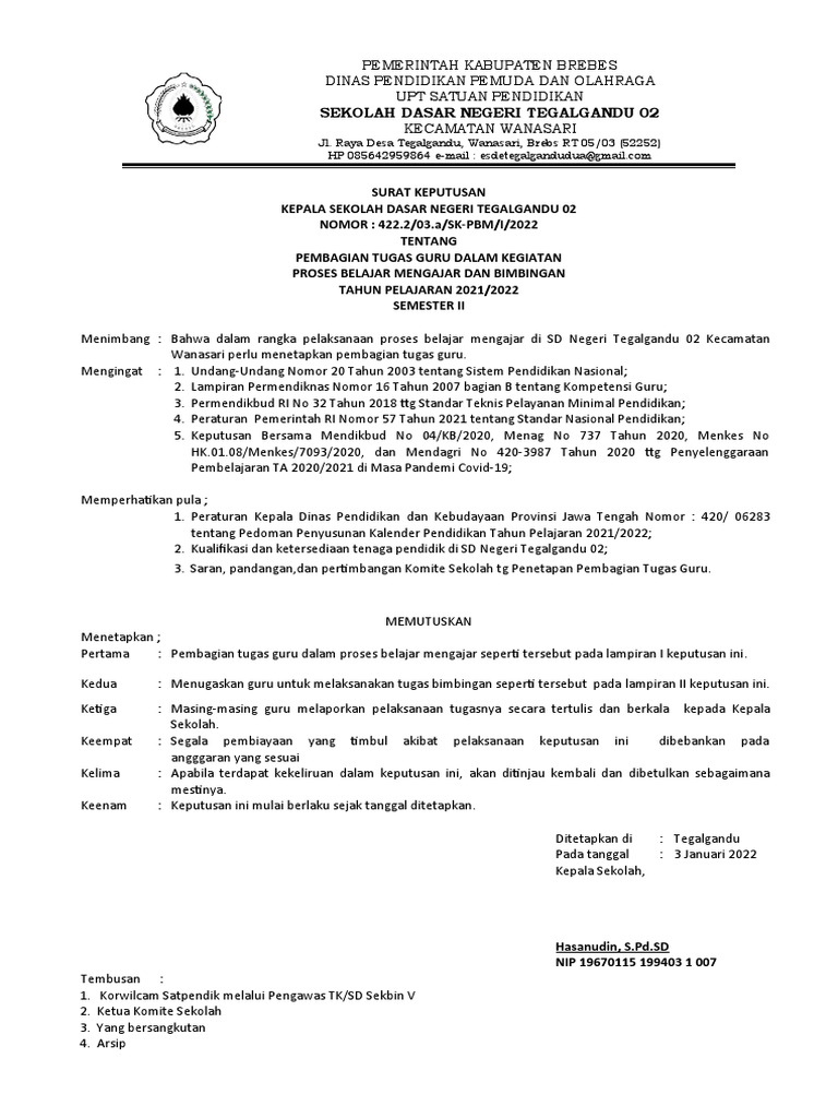Sk-Pembagian-Tugas-2021-2022 SMT II Tegal 02 | PDF