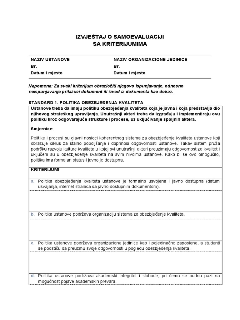 Obrazac Za Izvještaj o Samoevaluaciji Sa Kriterijumima | PDF