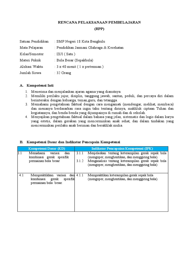 RPP PPL Siklus 1 (Sepak Bola) | PDF | Karier & Perkembangan