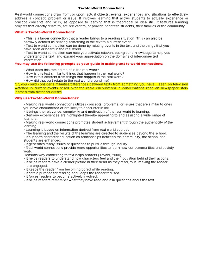 Text-to-World Connections Guide | PDF | Experience | Learning