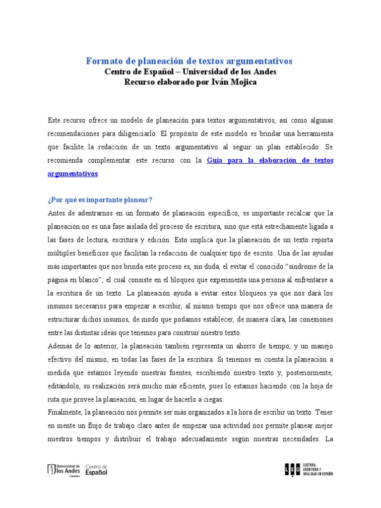 Formato Plan de Texto Argumentativo | Descargar gratis PDF | Argumento ...