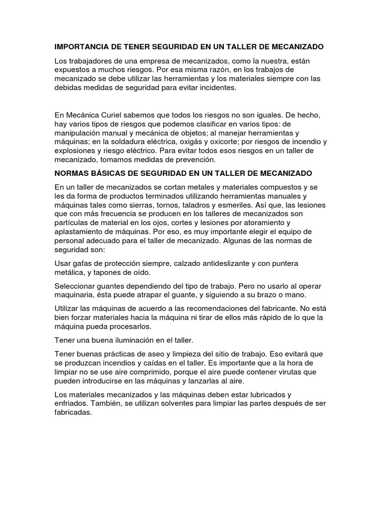 Importancia de Tener Seguridad en Un Taller de Mecanizado | PDF ...