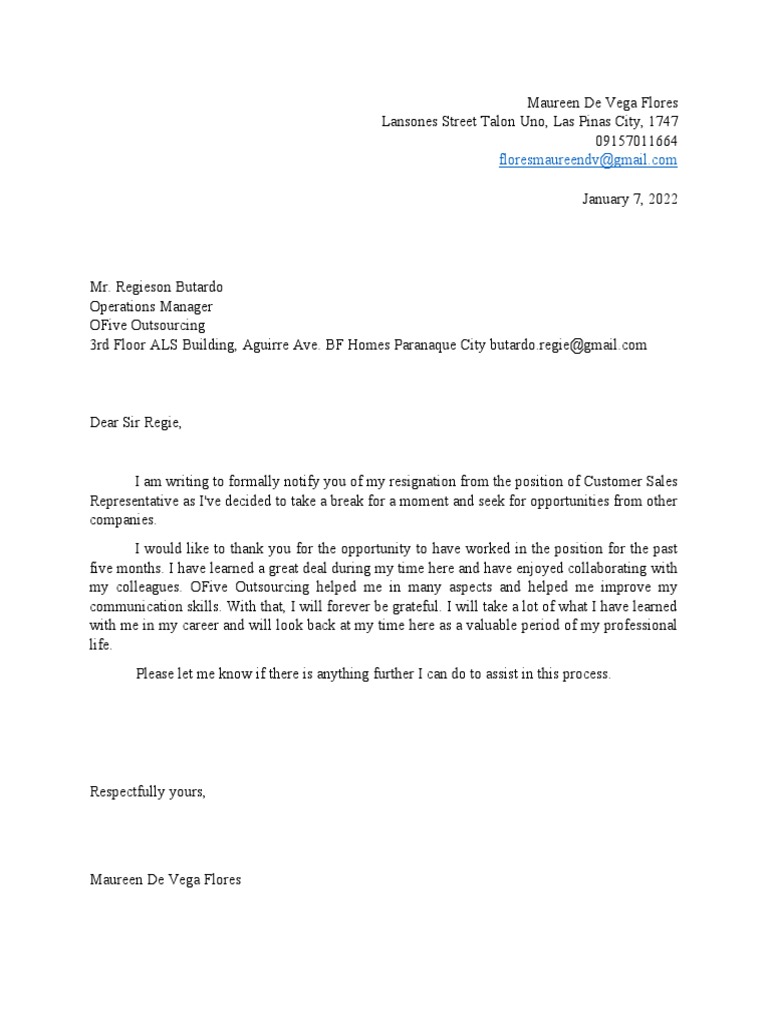 Resignation Letter Customer Sales Representative | PDF