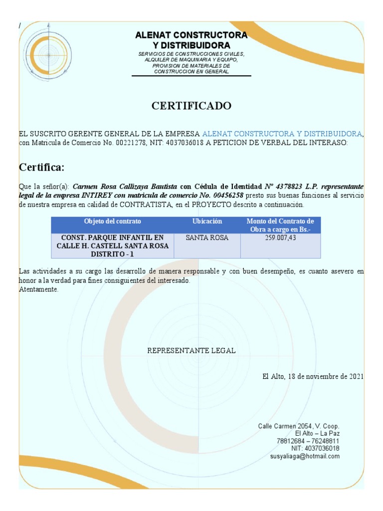 Certificado de contratista Alenat Constructora | PDF