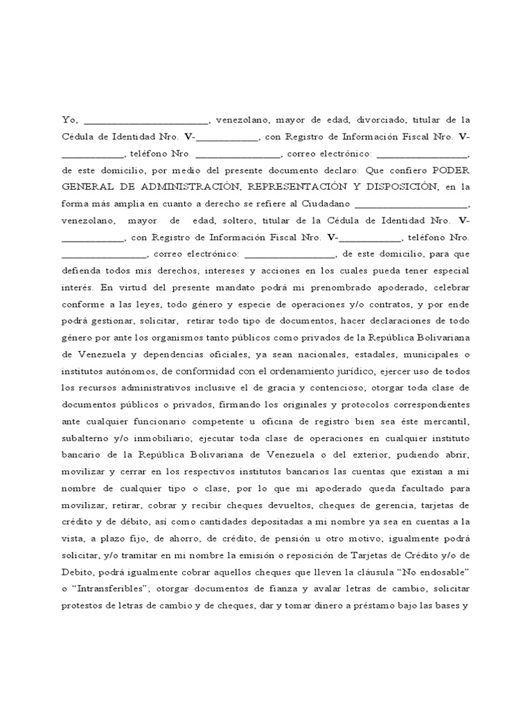 Poder General de Administracion Representacion y Disposicion | PDF ...