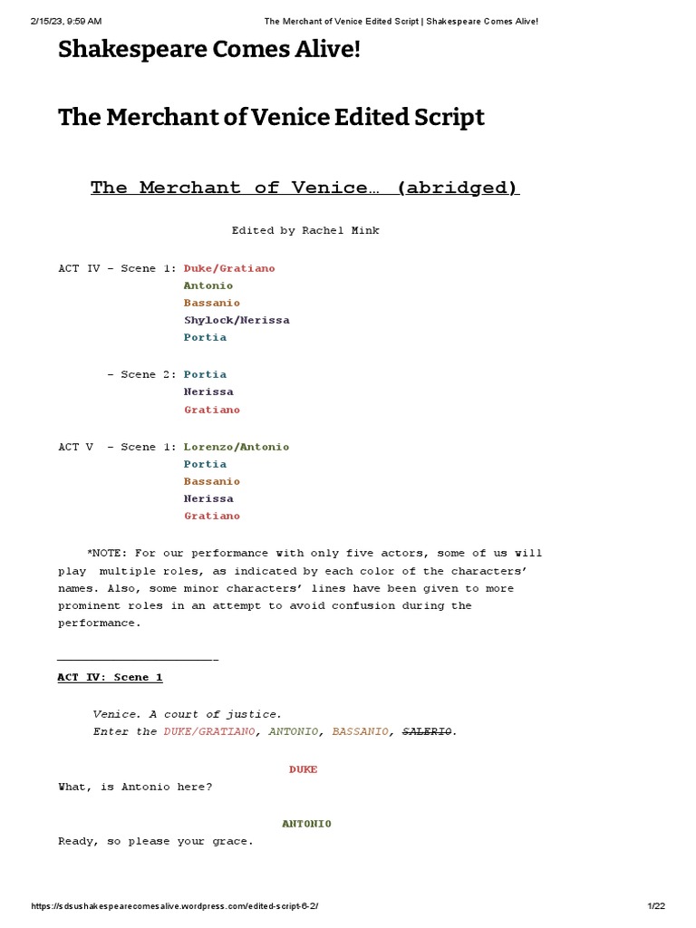 The Merchant of Venice Edited Script - Shakespeare Comes Alive! | PDF ...
