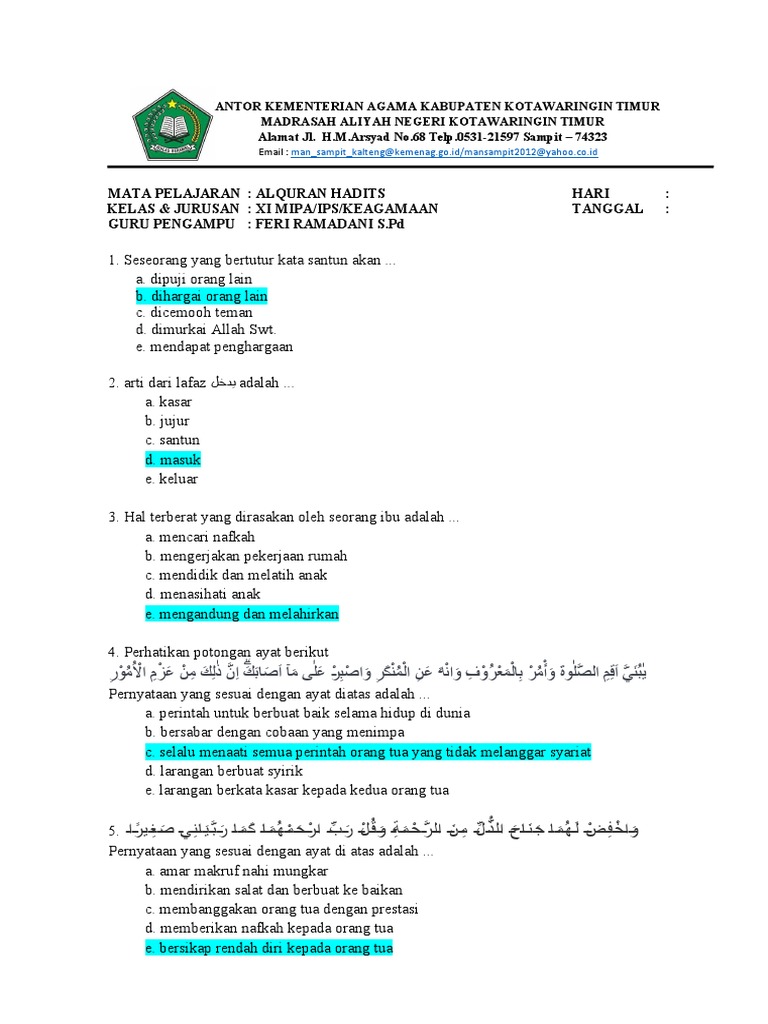 Soal Al-Quran Hadits Xi Ganjil 2022 | PDF