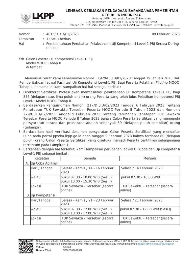 Surat Pemberitahuan Perubahan Pelaksanaan Uji Kompetensi Level-1 PBJ | PDF